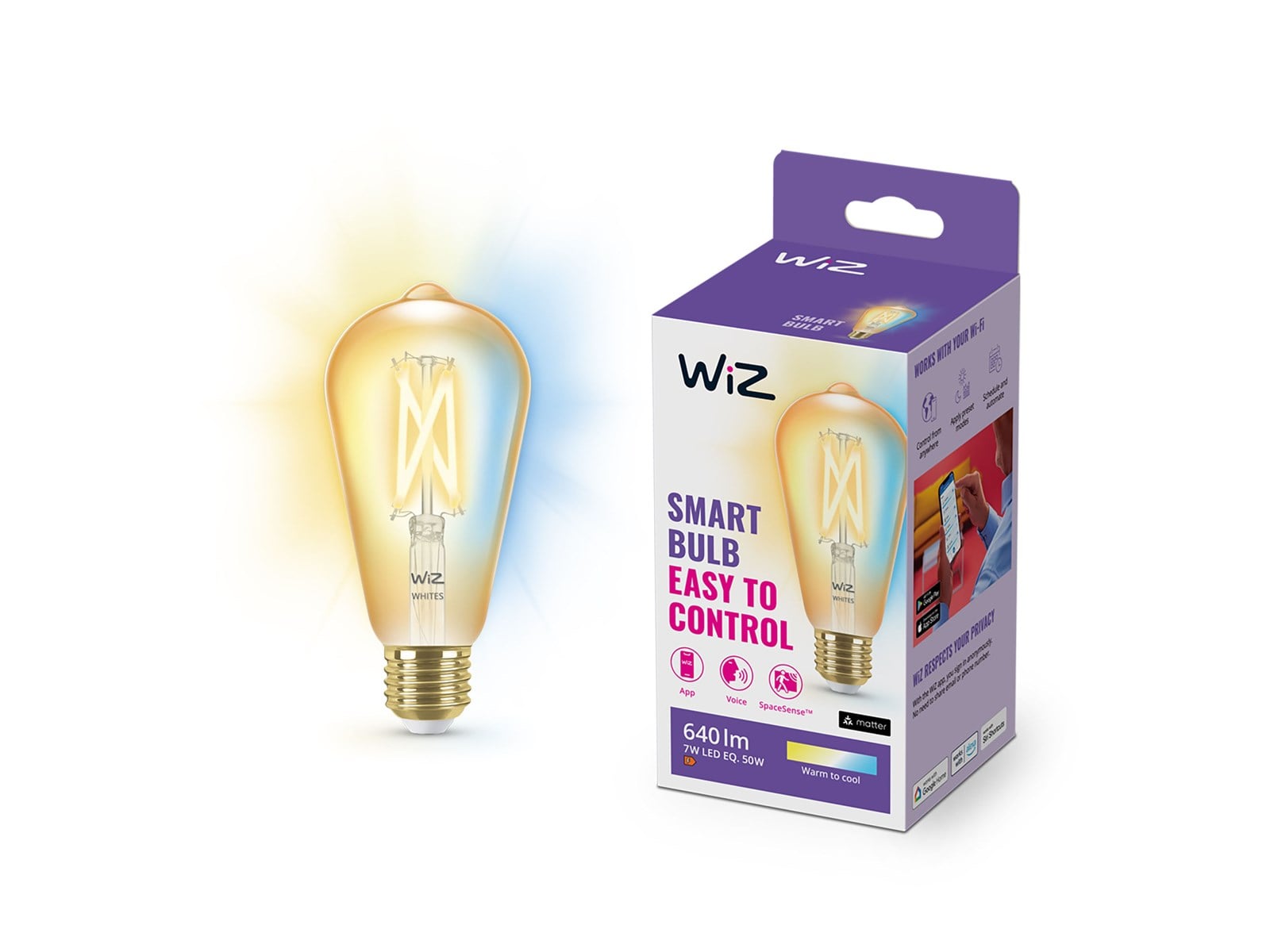 WiZ Tunable ST64 E27 Amber Smart Filament Bulb - Dimmable warm-to-cold ...