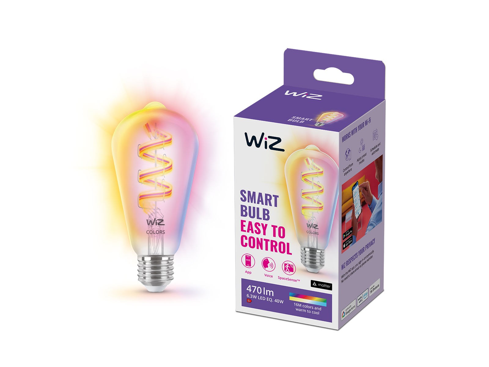 WiZ ST64 E27 Clear Smart Filament Bulb - RGB/16 Million colors ...