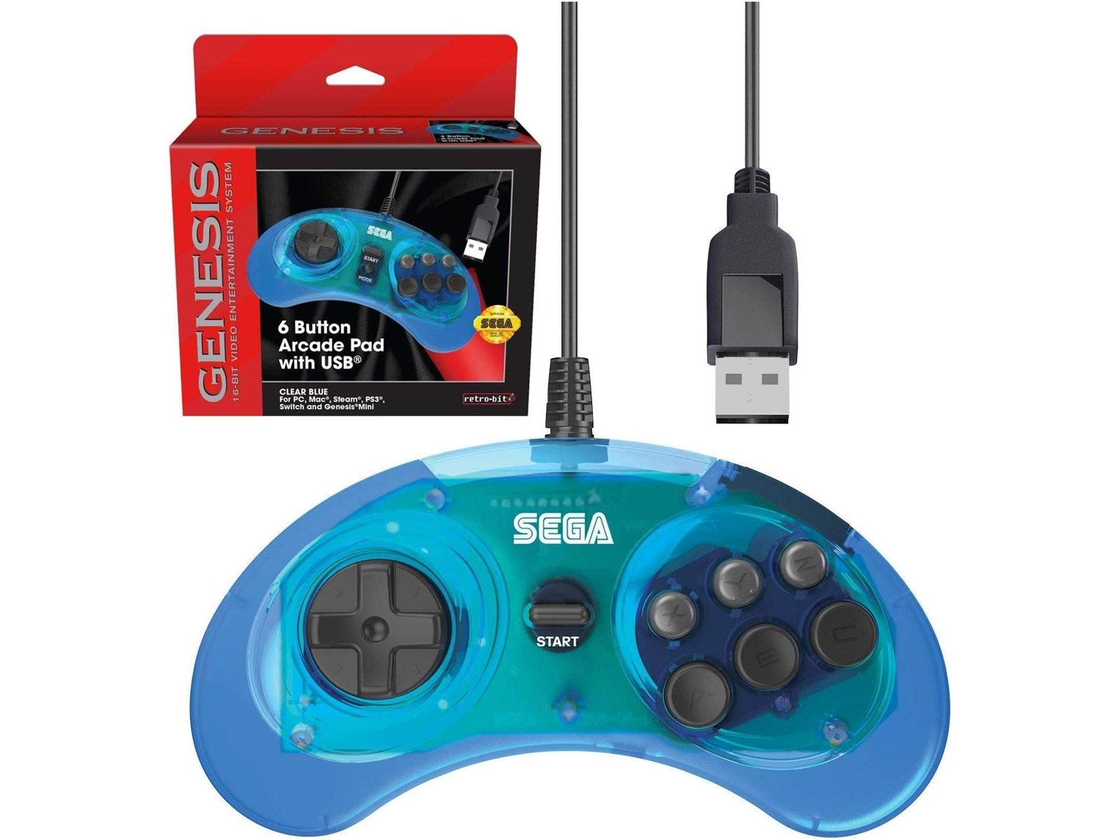 Retro-Bit 6-button Arcade Pad USB - Clear Blue - Wired Controller - MAC